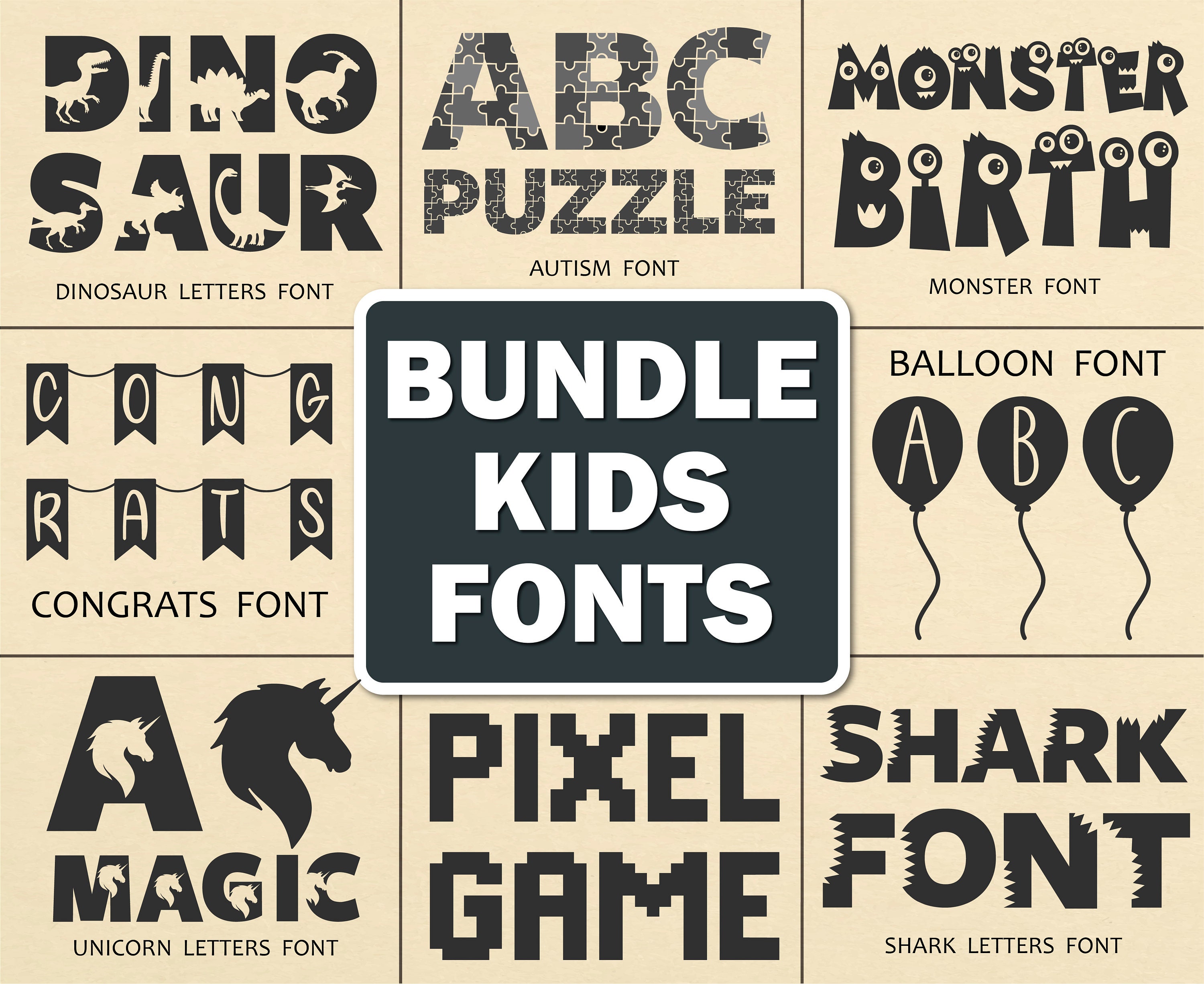 Kids Fonts Bundle Autism Font Dinosaur Font Pixel Font Shark Font ...