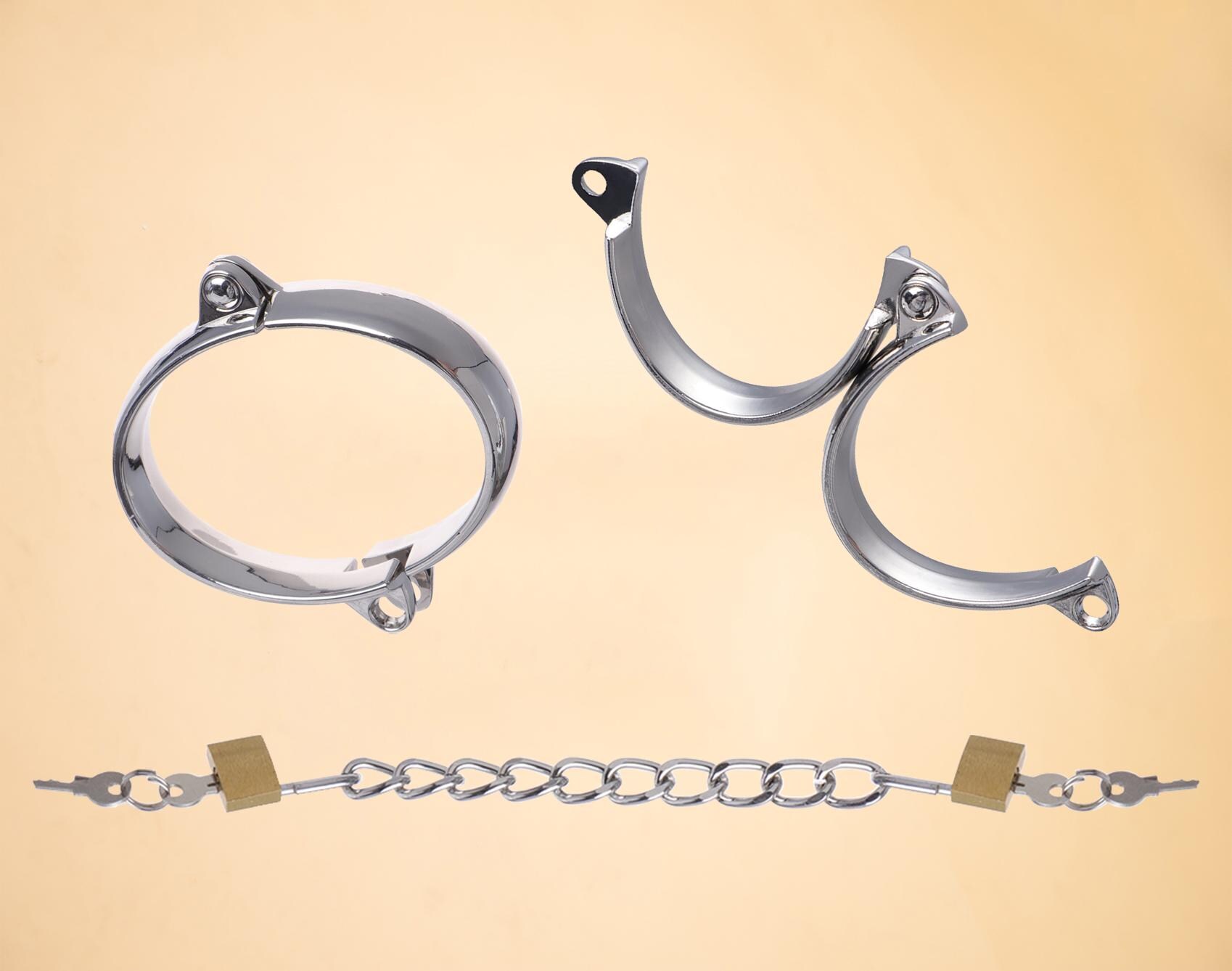 Metal Handcuffs and Leg Cuffs on a Chain With Locks, Restraints Set ...