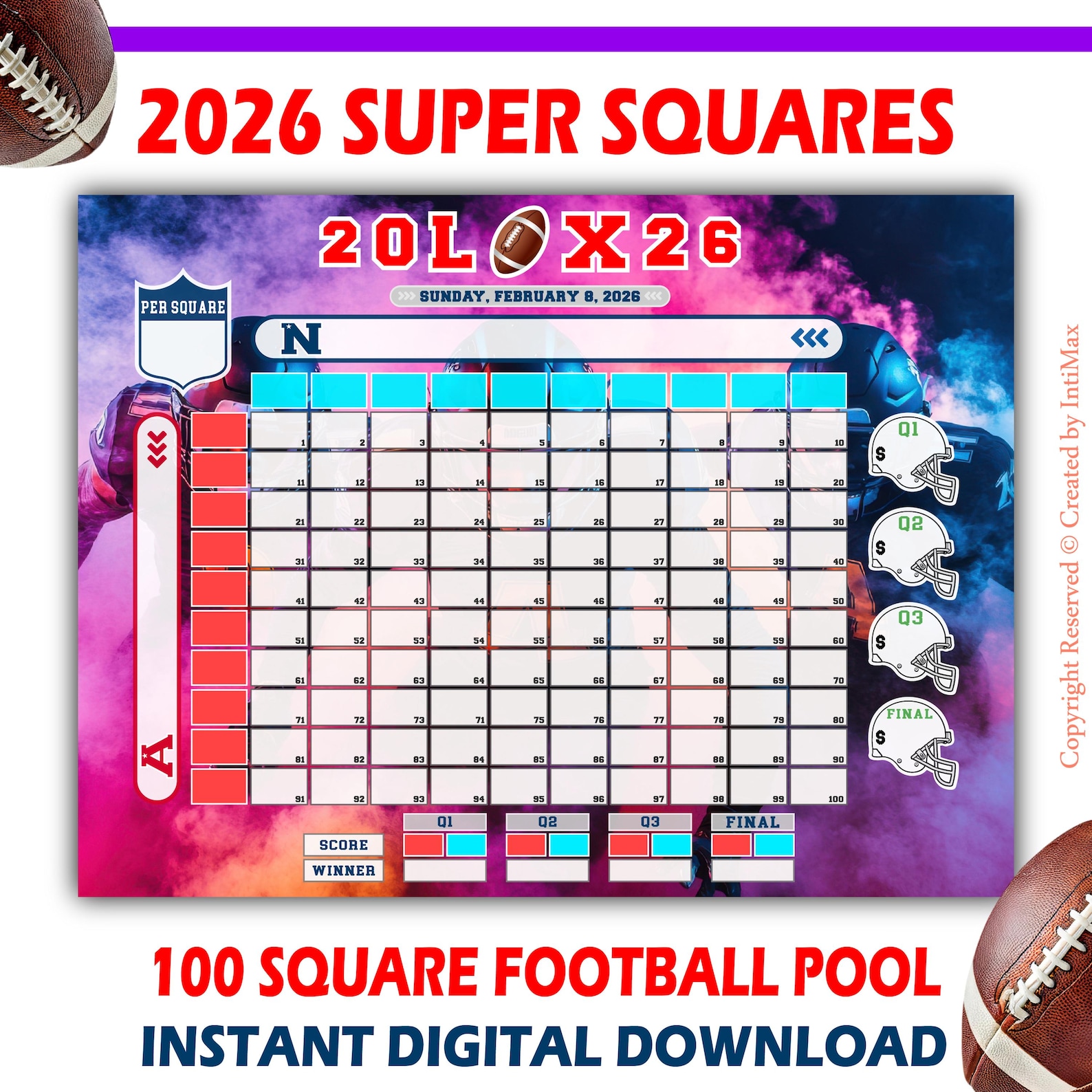 Football Squares 100 Grid | Big Game Party, Fundraiser (instant ...