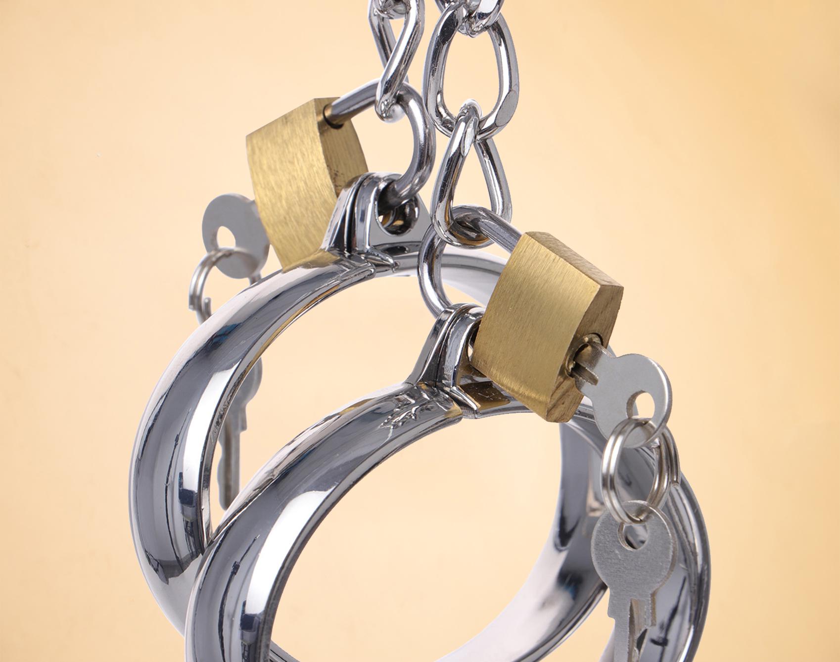 Metal Handcuffs and Leg Cuffs on a Chain With Locks, Restraints Set ...