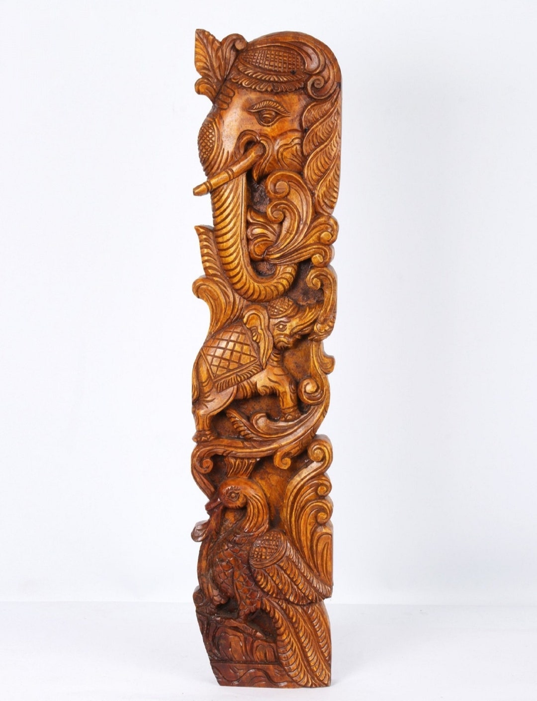 Large Traditional Design Gajanan ganesha and Animals Wooden Panel Wall ...