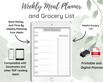 Weekly Meal Planner & Grocery List Printable PDF Printable - Etsy