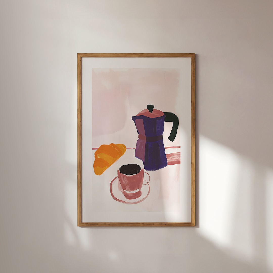 Coffee and Croissant Art Print, Printable Kitchen Wall Art, Espresso ...