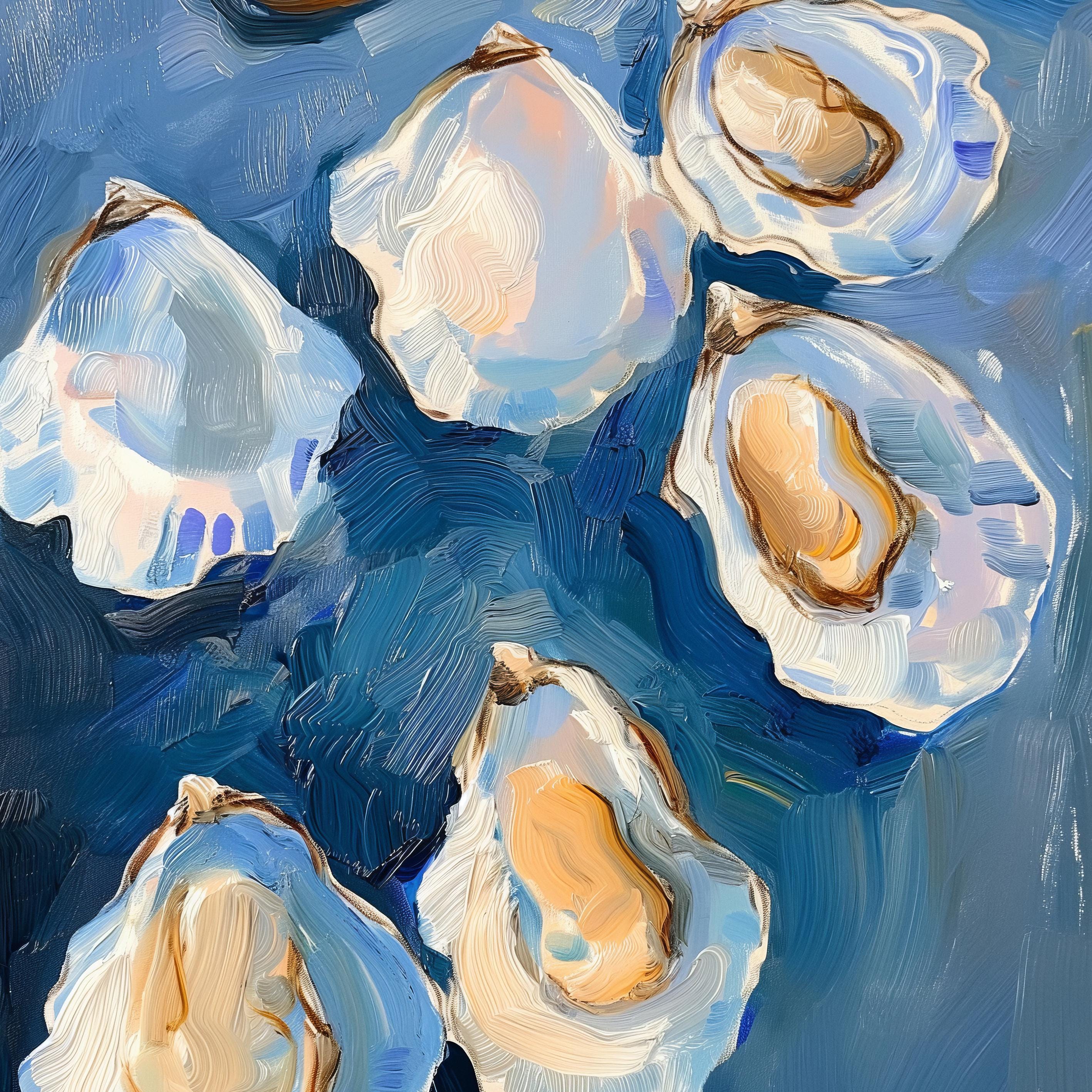 Blue Oyster Shell Painting, Ocean-inspired Wall Art, Seaside Digital ...