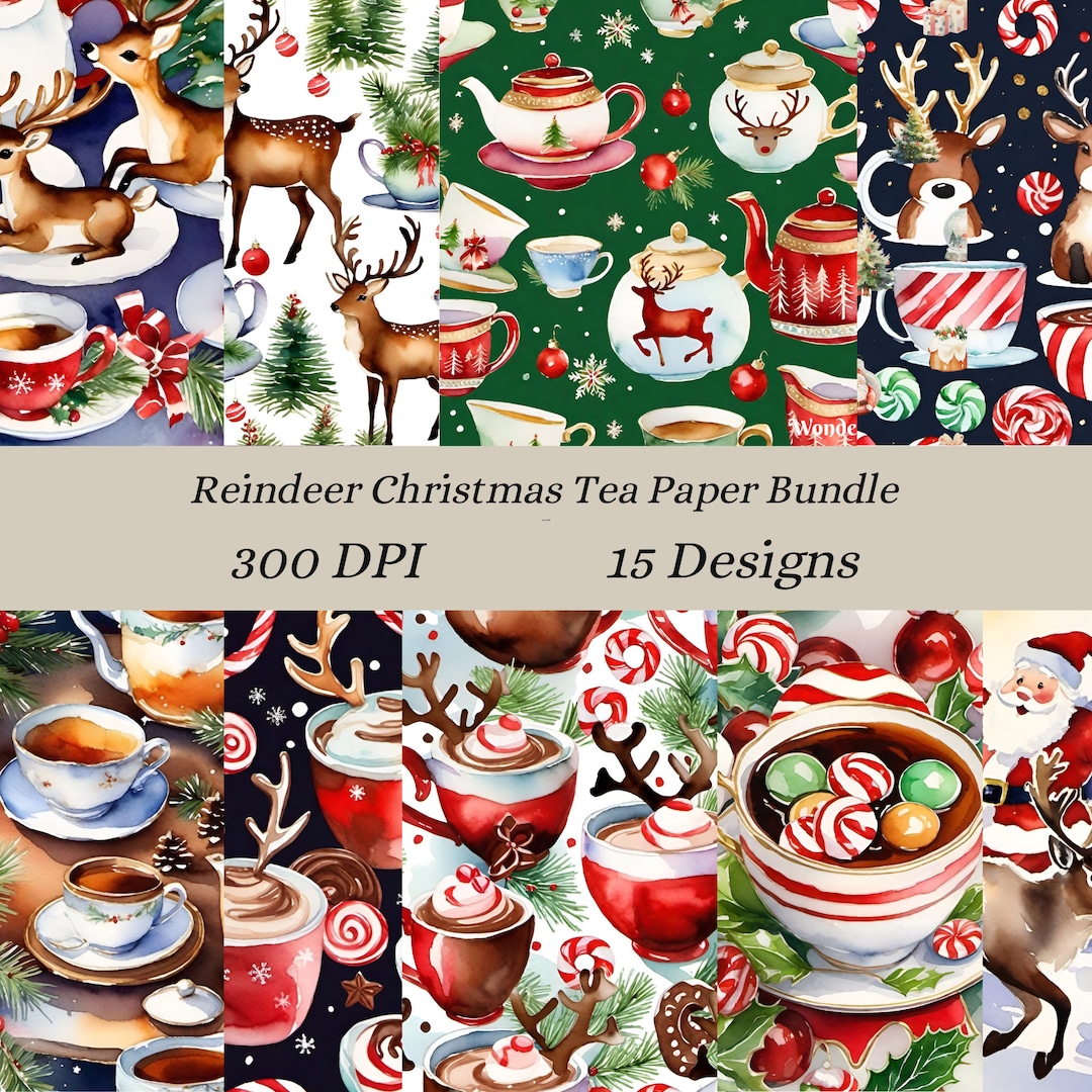 Watercolor Reindeer Christmas Tea, Tea Ephemera, Winter Holiday Tea ...