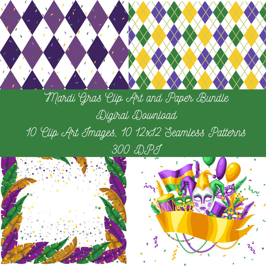 Mardi Gras Party Paper Bundle and Clip Art for Collage, Invitations ...