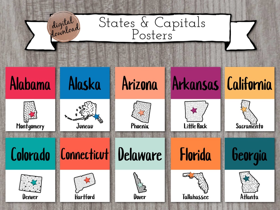 U.S. States and Capitals Posters Classroom Decor Includes Full and Half ...