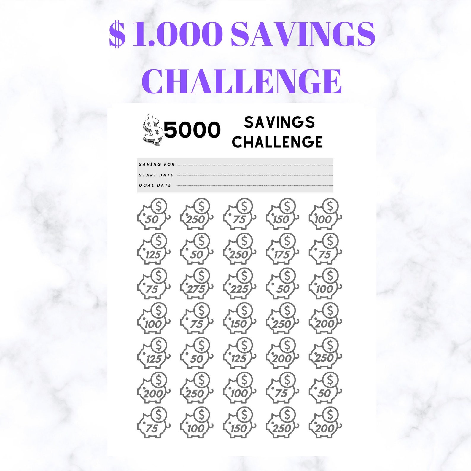 5000 Dollar Savings Challenge, Savings Tracker Printable, Money Saving ...