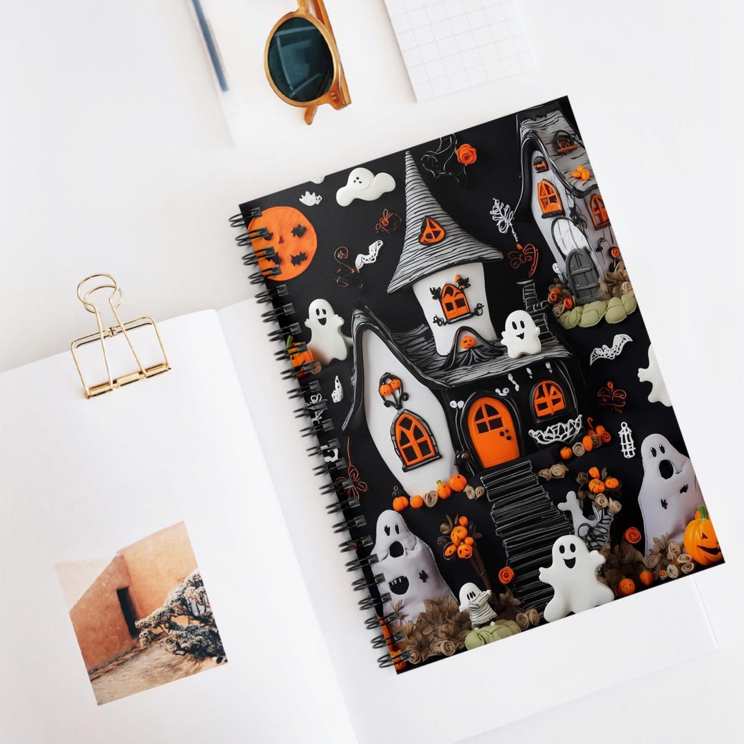 Halloween Village Spiral Journal Notebook, Ghost 3D Style, Cute Ruled ...