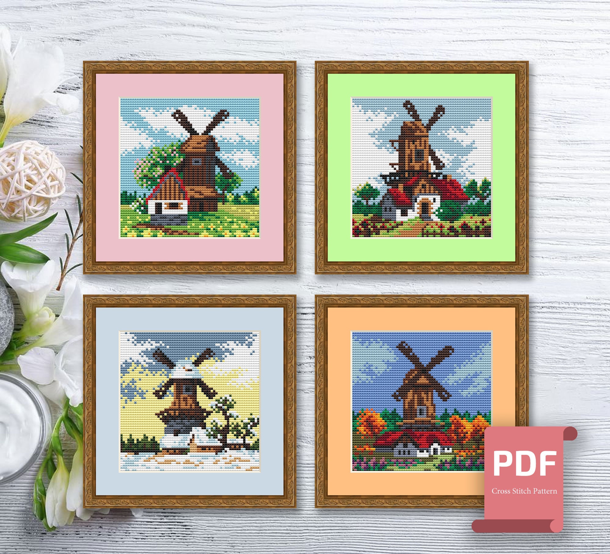 Set of 4 Seasons Windmills Cross Stitch Pattern Seasons Cross Stitch ...