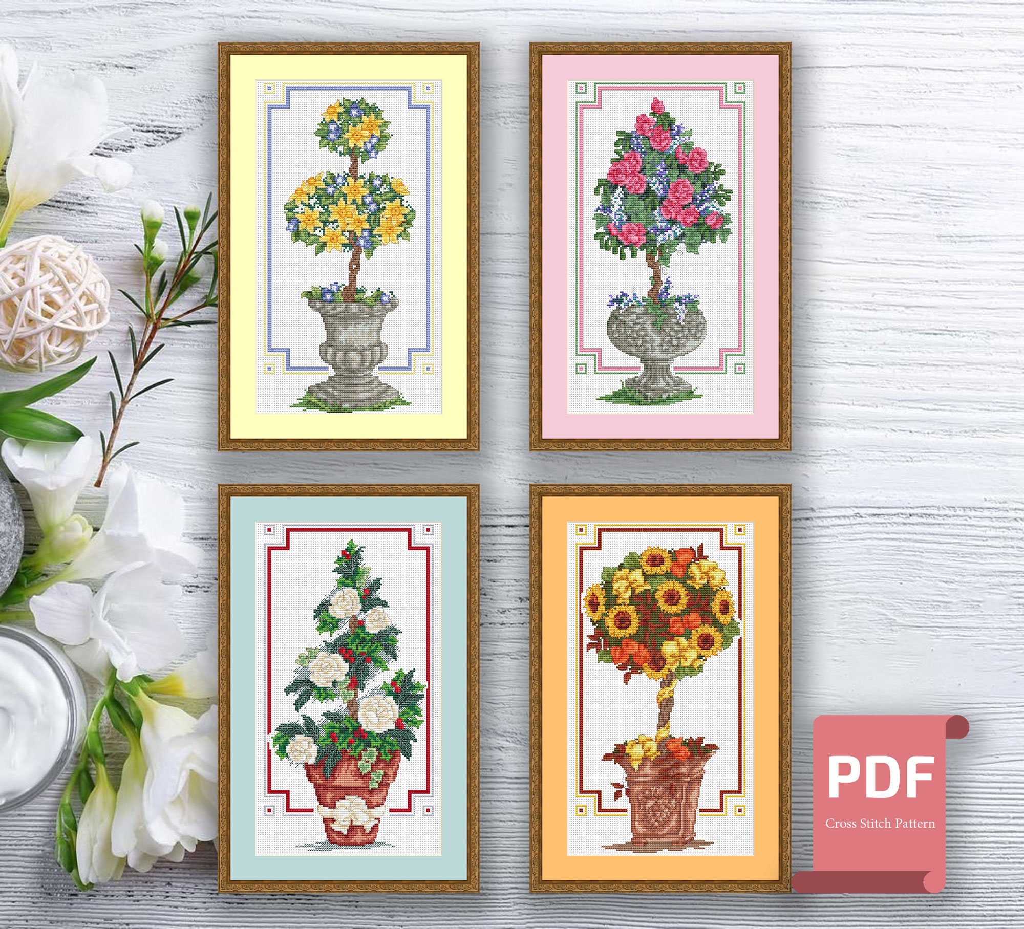 Set of 4 Seasons Topiary Cross Stitch Pattern Tree Four Seasons Pattern ...