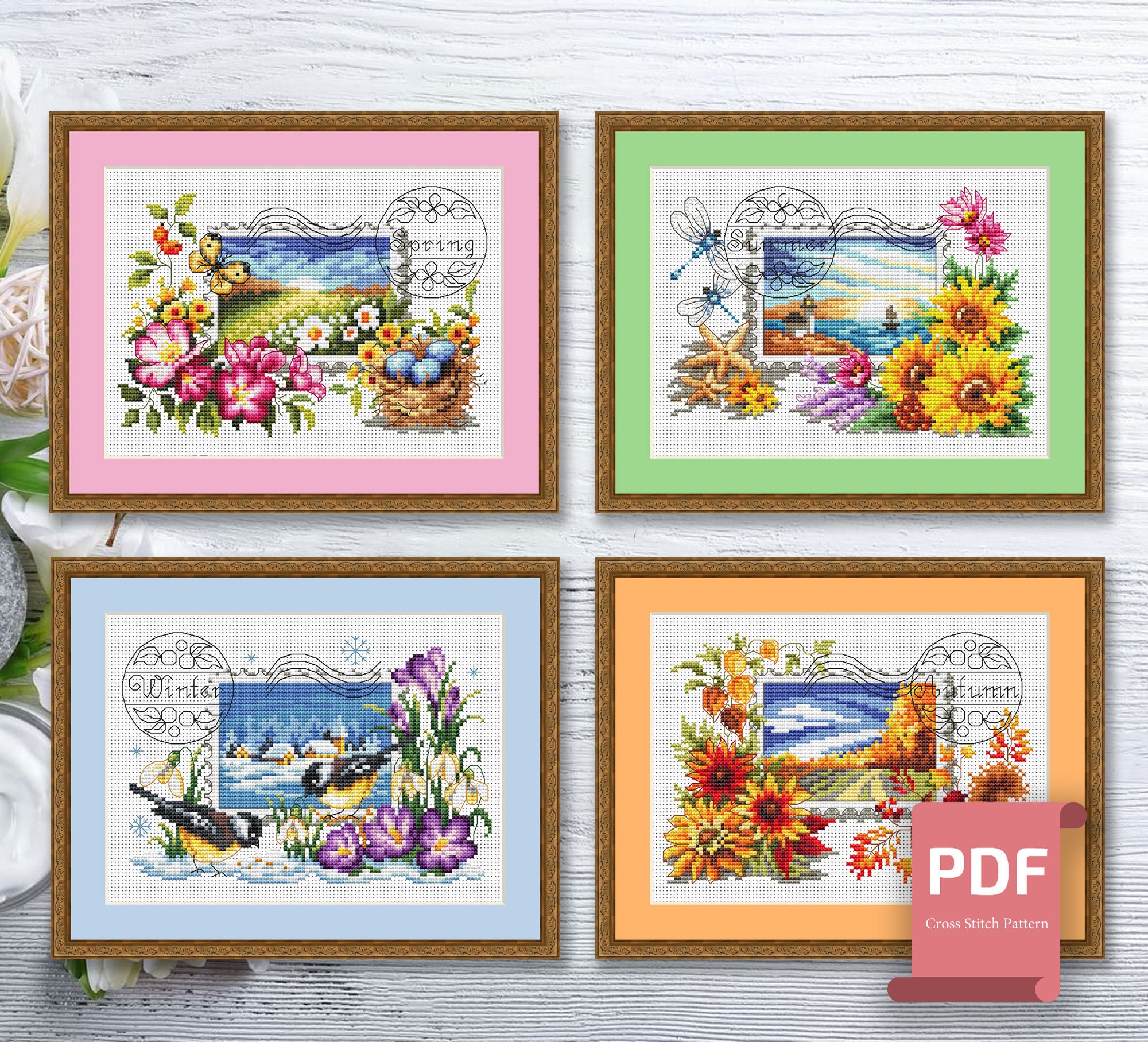 Vintage Autumn Postage Stamp Cross Stitch Pattern Seasons Cross Stitch ...