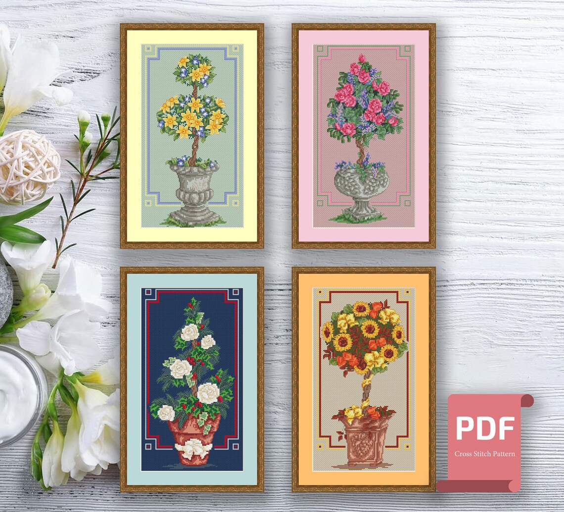 Spring Topiary Cross Stitch Pattern Four Seasons Cross Stitch Pattern Topiary Trees Potted ...