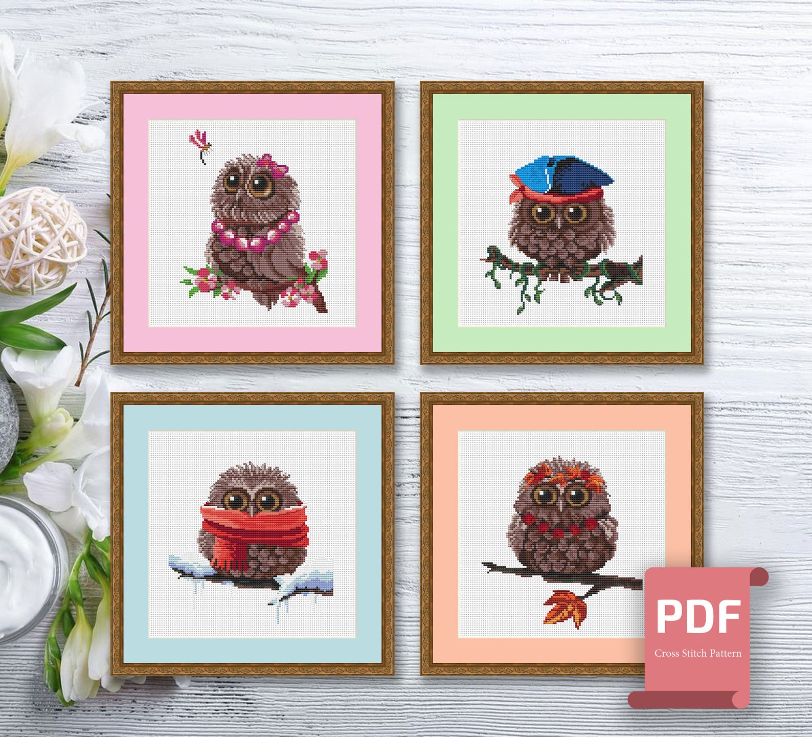Set of 4 Seasons Owls Cross Stitch Pattern | Four Seasons Cross Stitch ...