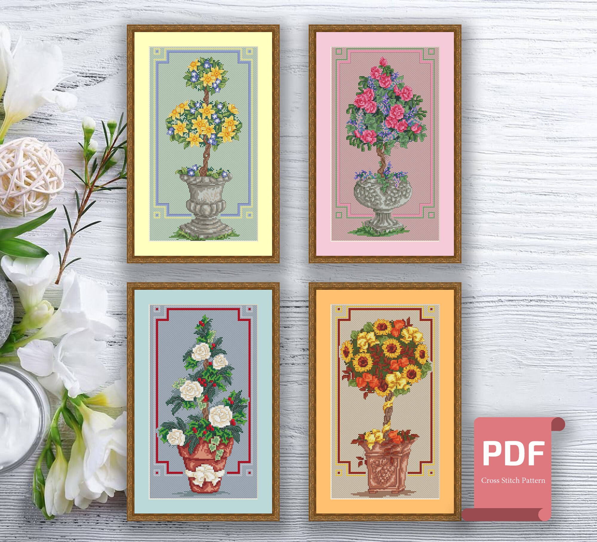 Set of 4 Seasons Topiary Cross Stitch Pattern Tree Four Seasons Pattern ...