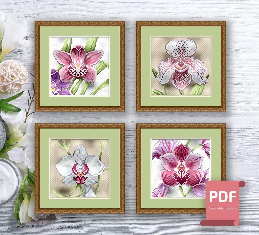 Set of 4 Orchids Cross Stitch Pattern | Flowers Cross Stitch Pattern ...