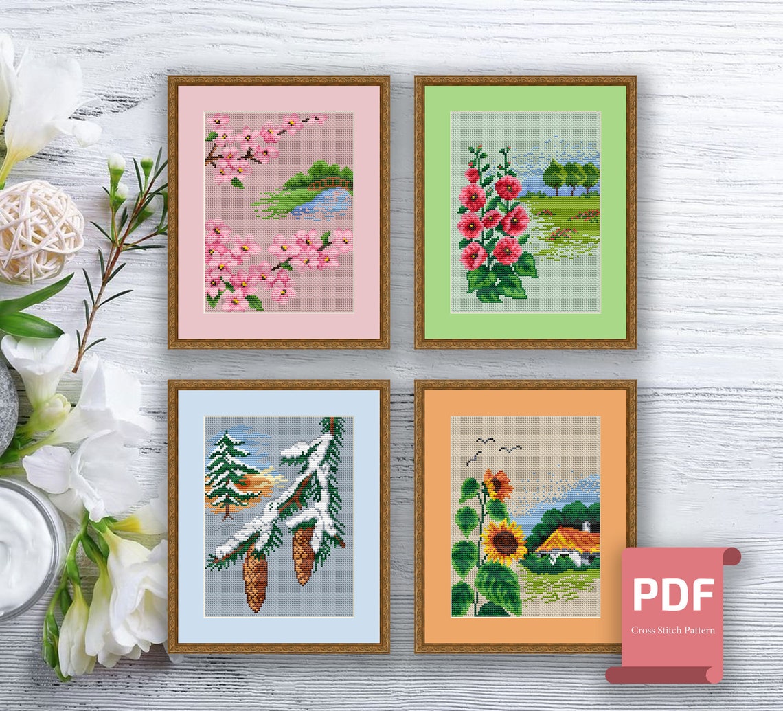 Set of 4 Seasons Cross Stitch Pattern | Autumn Cross Stitch | Summer ...