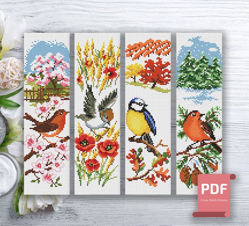 Set of 4 Seasons Birds Cross Stitch Pattern Autumn Cross - Etsy