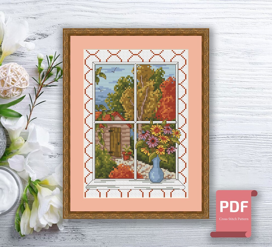 Autumn Window Cross Stitch Pattern | Seasons Cross Stitch Pattern ...