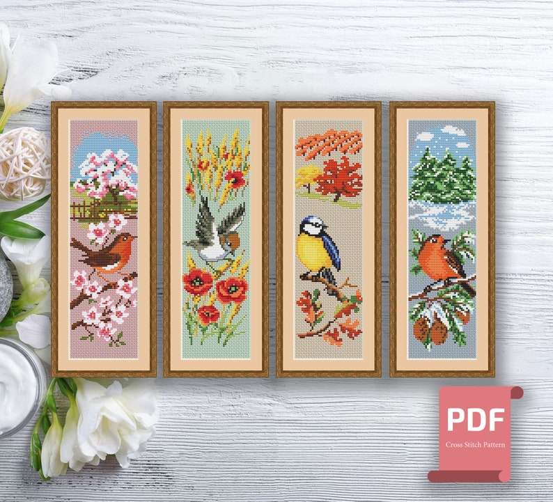 Set of 4 Seasons Birds Cross Stitch Pattern Autumn Cross - Etsy