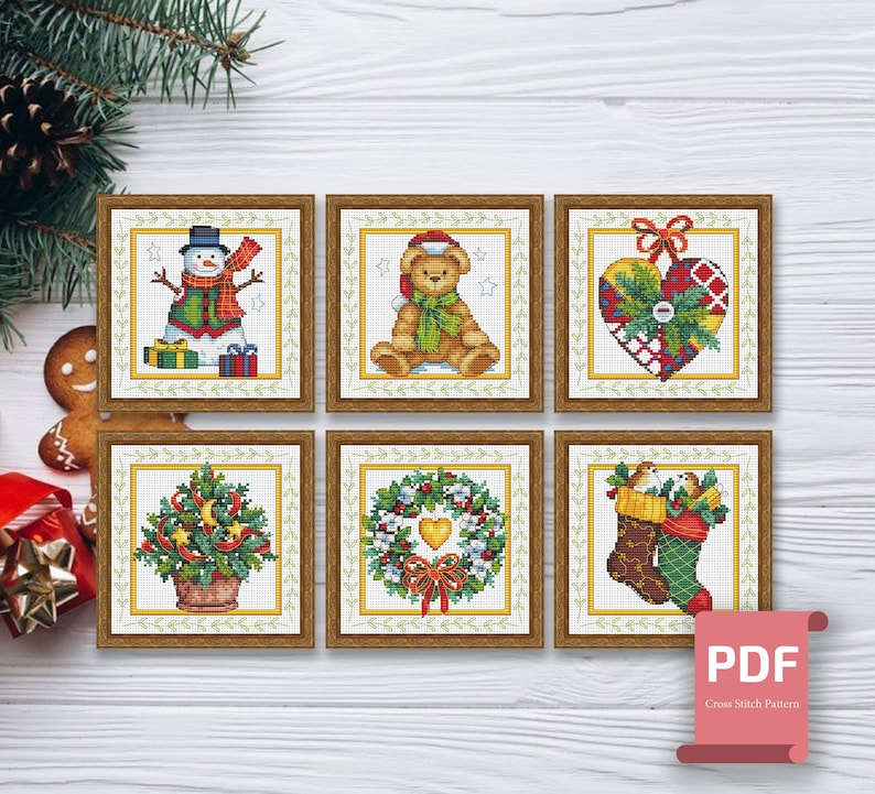 Set of 6 Christmas Ornaments Cross Stitch Pattern Merry Christmas Cross ...