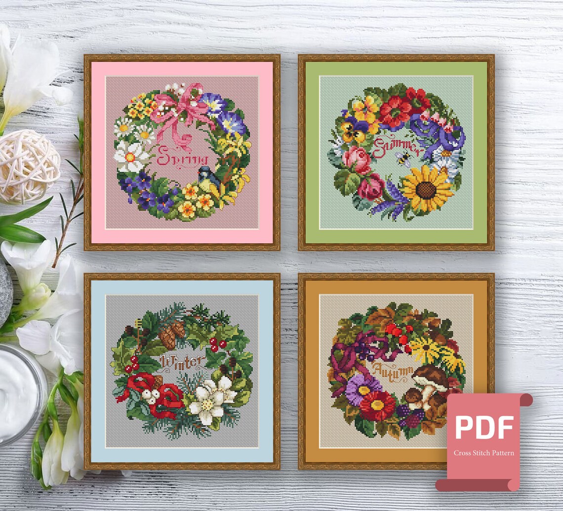 Set of 4 Seasons Cross Stitch Pattern Autumn Cross Stitch - Etsy