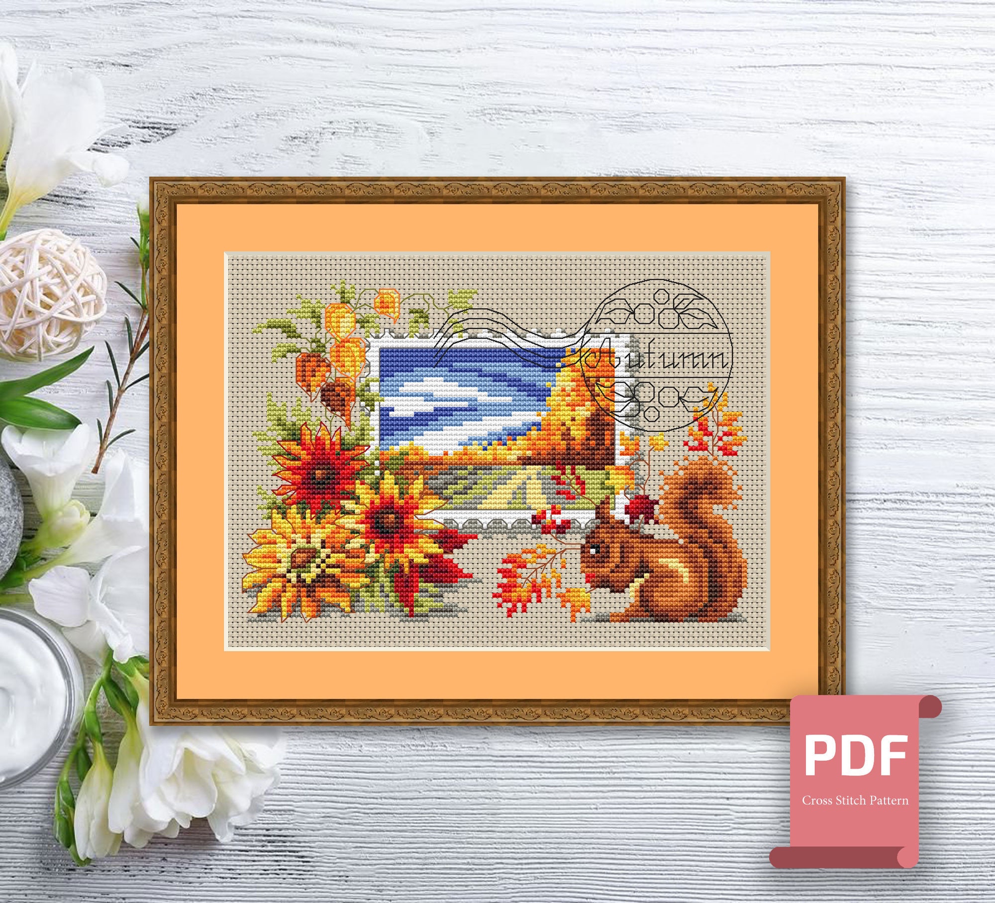 Vintage Autumn Postage Stamp Cross Stitch Pattern Seasons Cross Stitch ...