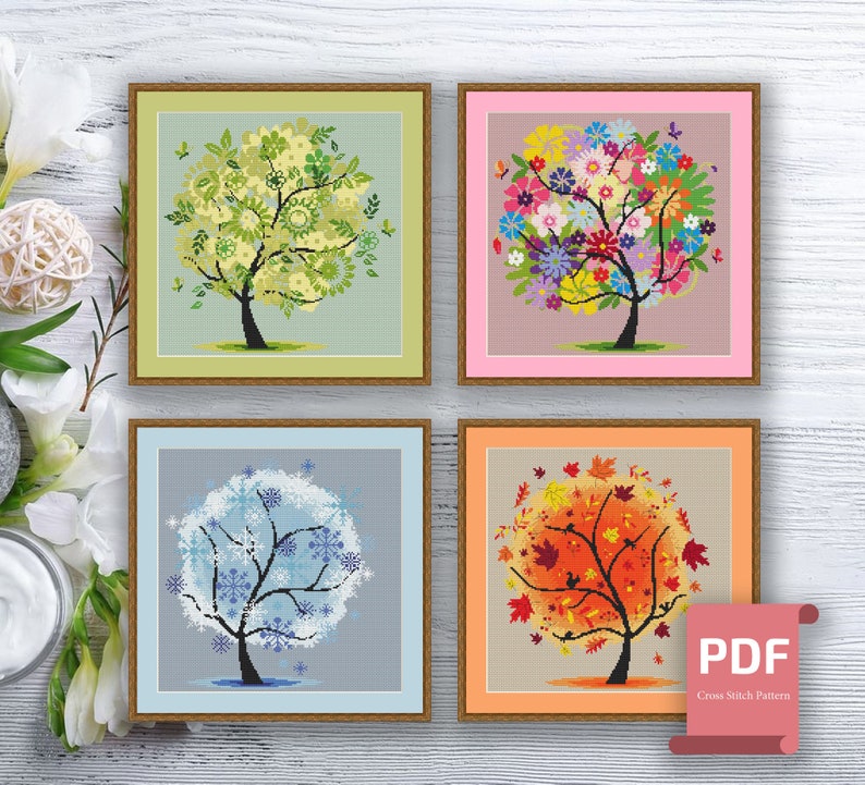 Set of 4 Seasons Trees Cross Stitch Pattern | Tree Four Seasons Cross ...