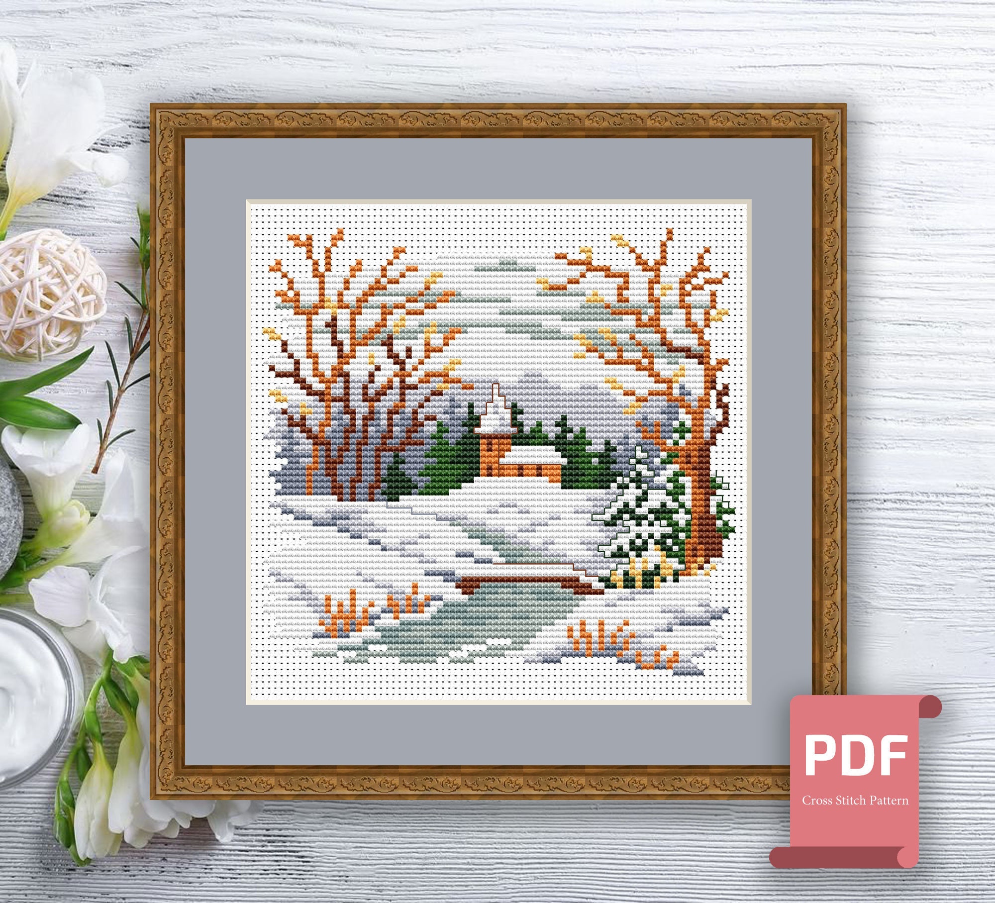 Ensemble de motif de point de croix paysage 4 saisons Modèle de point ...