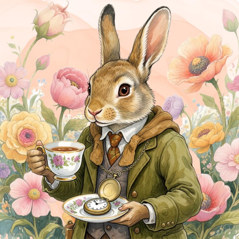 Whimsical Tea Party Clipart Set, Watercolor Tea Cup & Pot PNG, Bunny ...