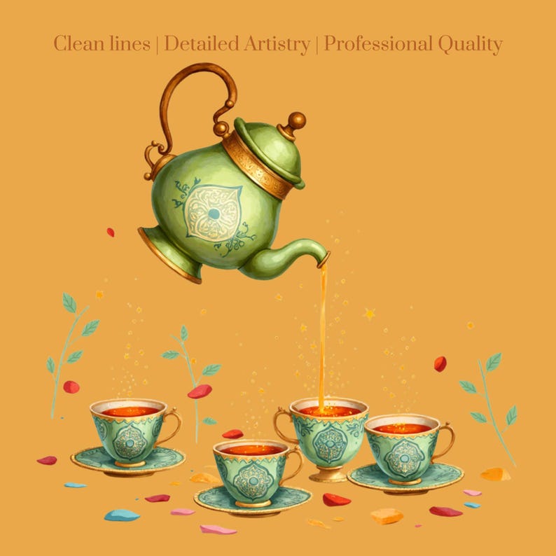 Whimsical Tea Party Clipart Set, Watercolor Tea Cup & Pot PNG, Bunny ...