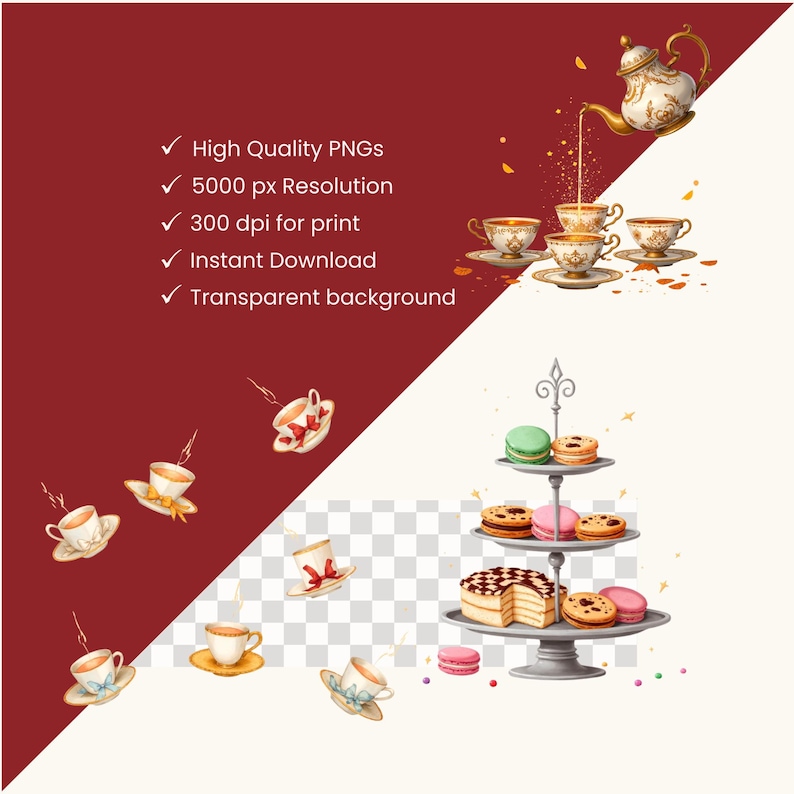 Whimsical Tea Party Clipart Set, Watercolor Tea Cup & Pot PNG, Bunny ...