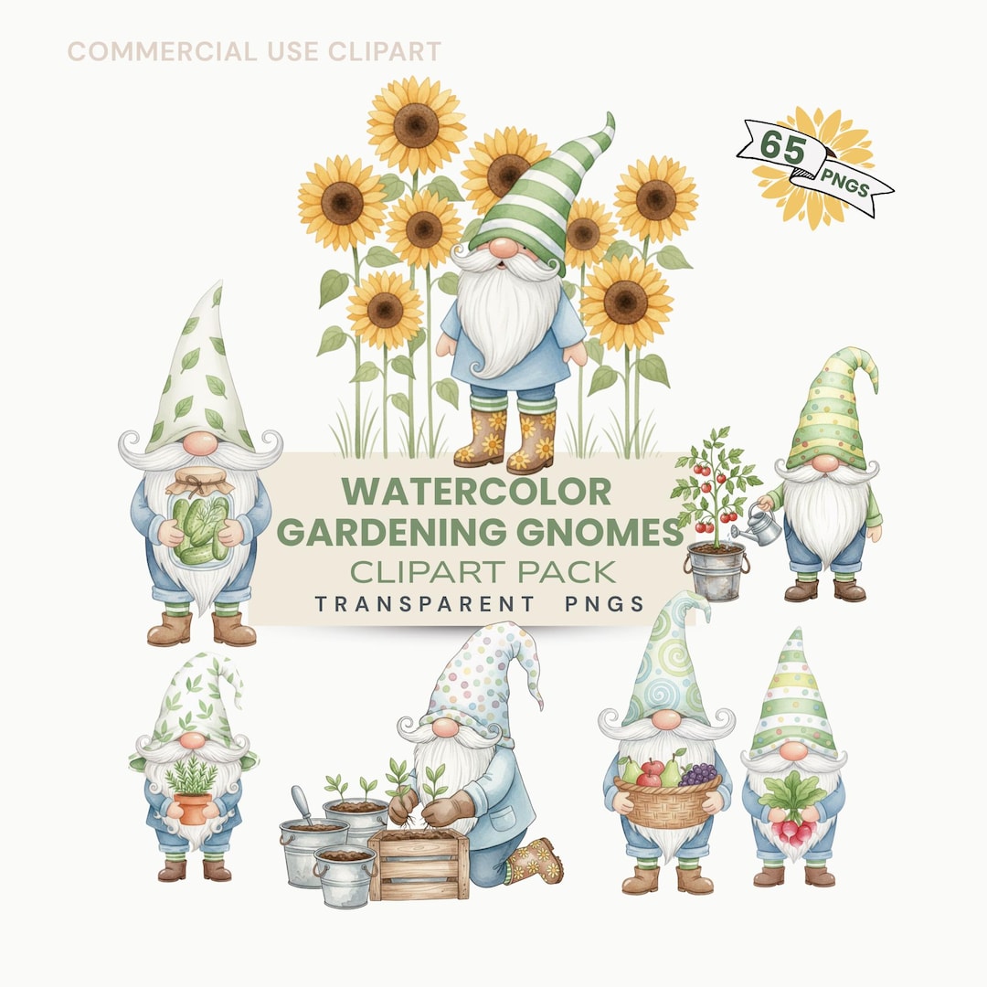 Watercolor Garden Gnomes Clipart, Pastel Spring Graphics (PNG Files ...