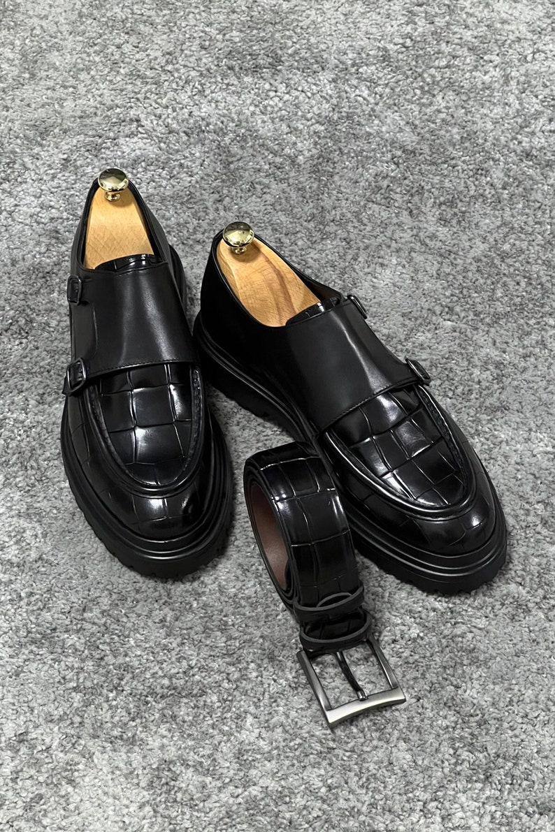 Men Black Shoes, Eva Sole Shoes, Double Buckle Detailed Shoes, Leather ...