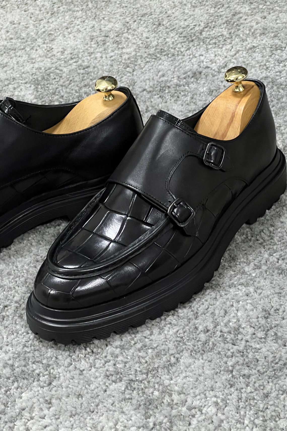Men Black Shoes, Eva Sole Shoes, Double Buckle Detailed Shoes, Leather ...