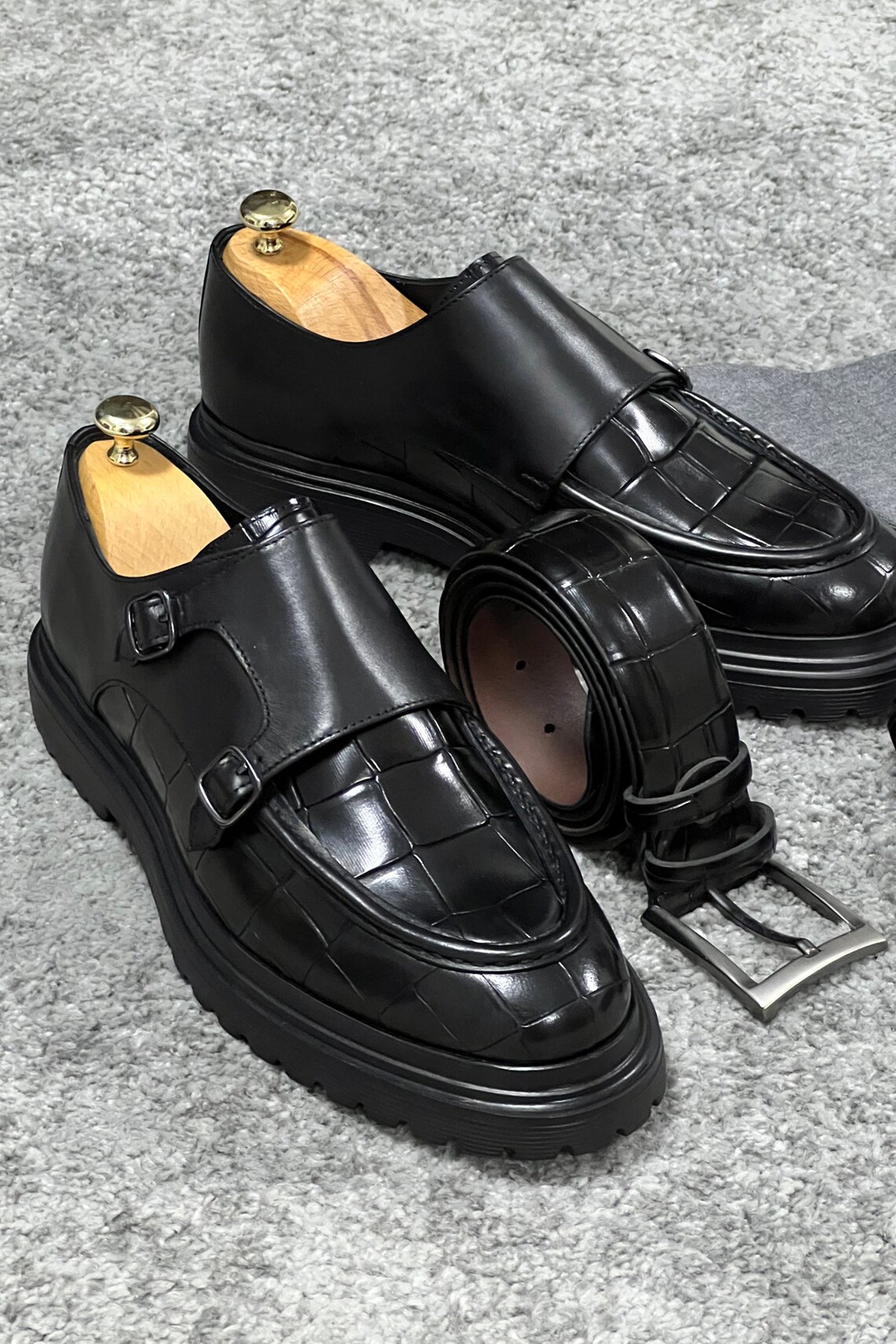 Men Black Shoes, Eva Sole Shoes, Double Buckle Detailed Shoes, Leather ...