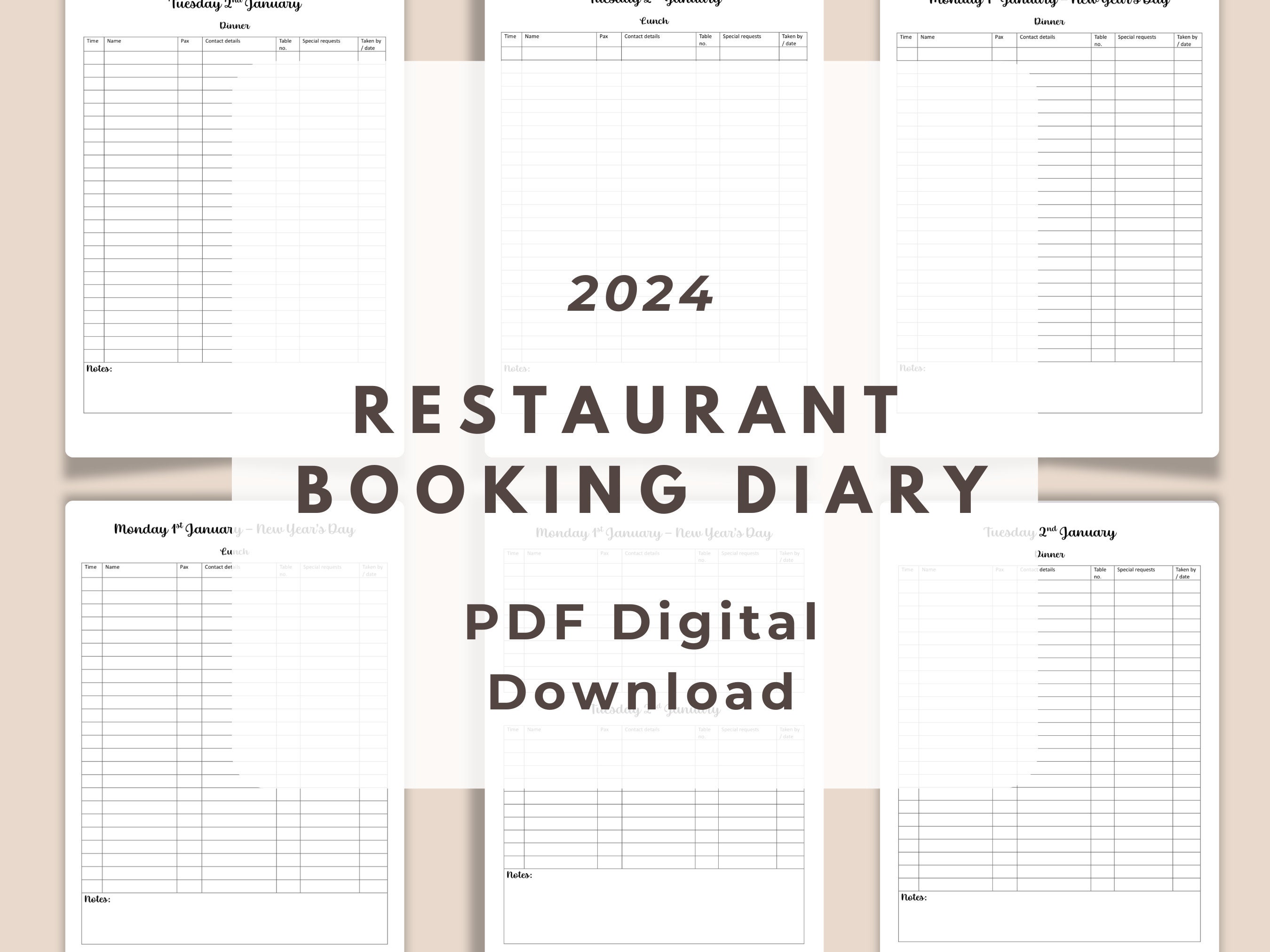 Restaurant Booking Diary 2024, Restaurant Reservation Sheet, A4 ...