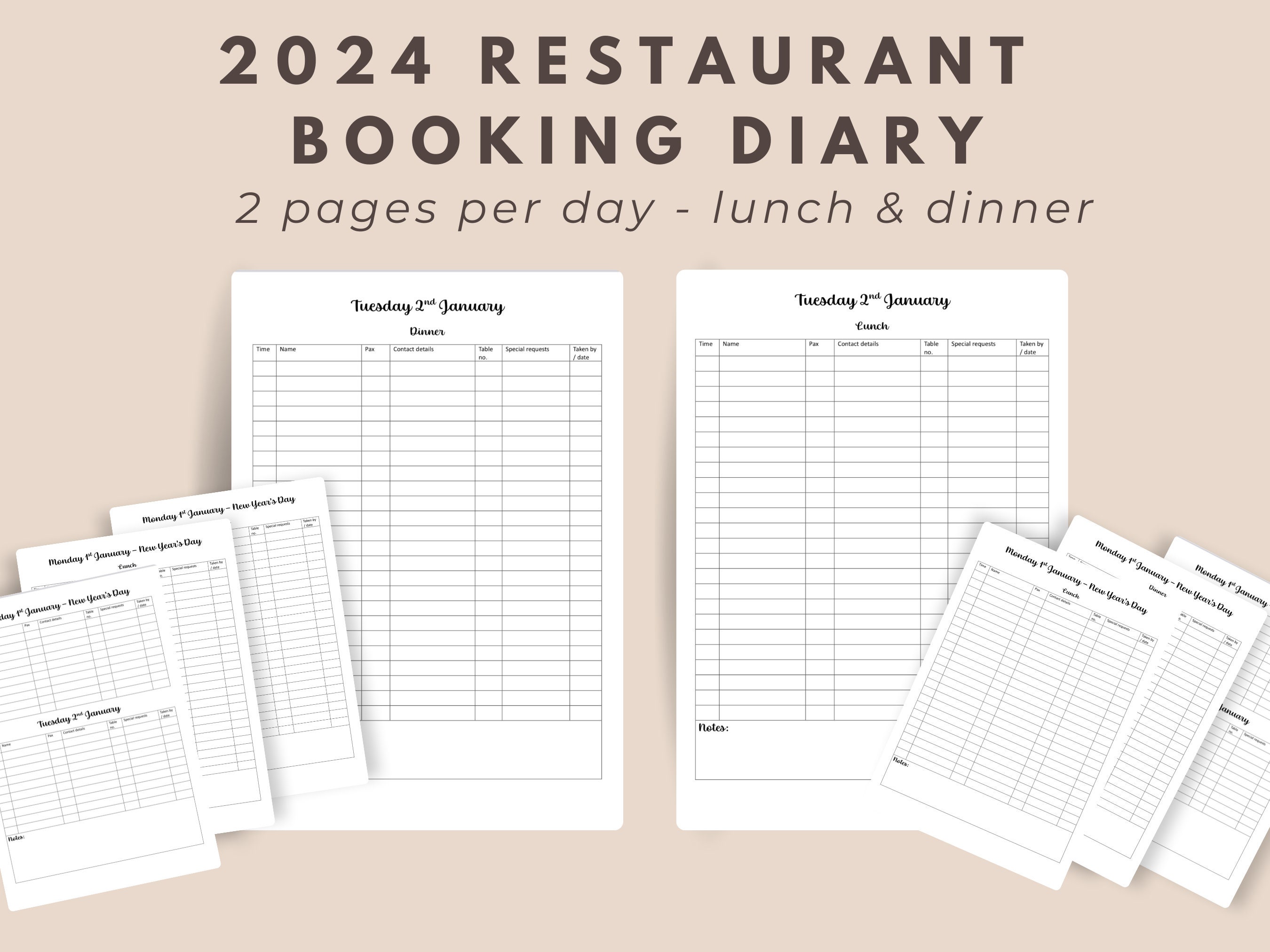 Restaurant Booking Diary 2024, Restaurant Reservation Sheet, A4 ...