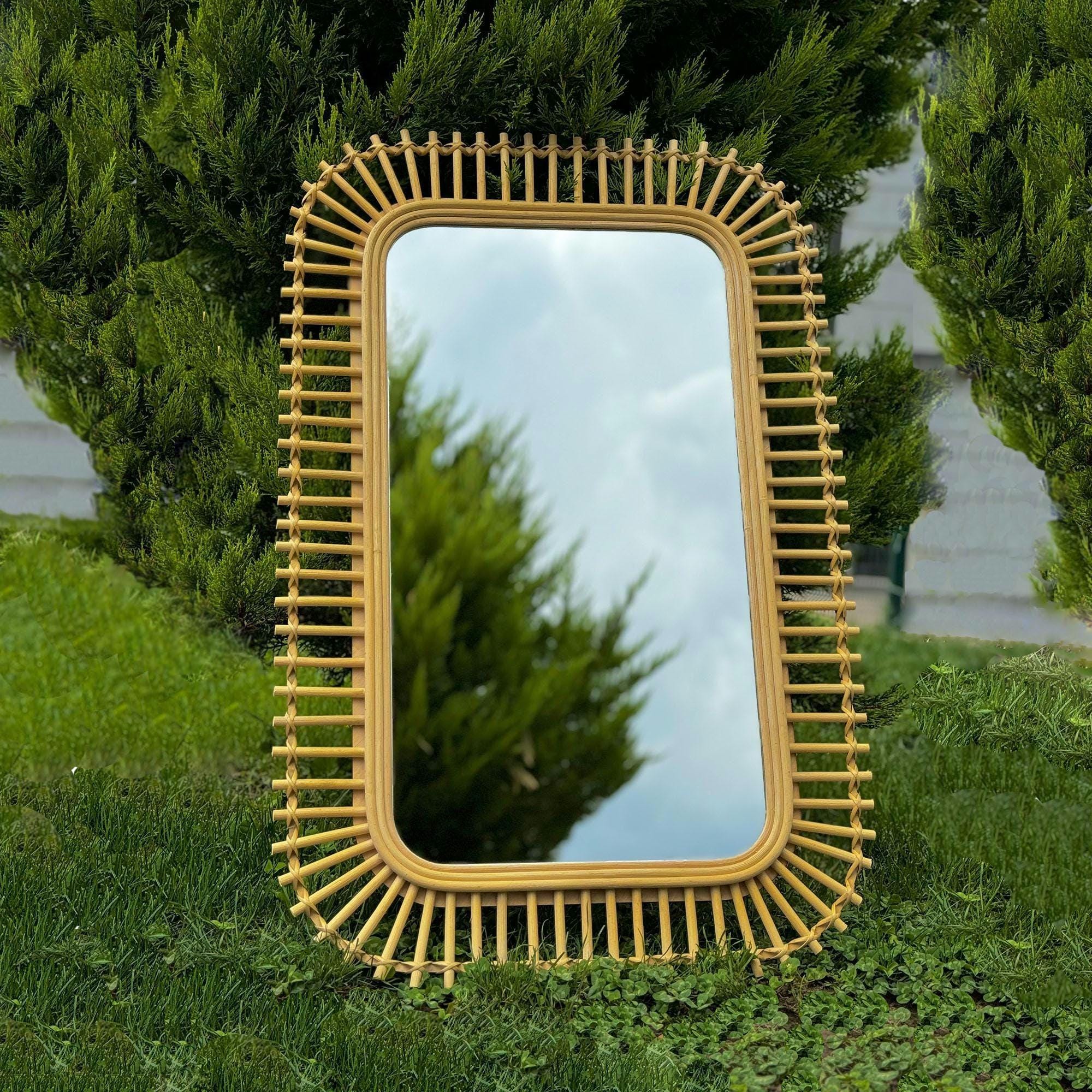 Rectangle Rattan Wall Mirror, Boho Bamboo Decorative Full Lenght Mirror ...