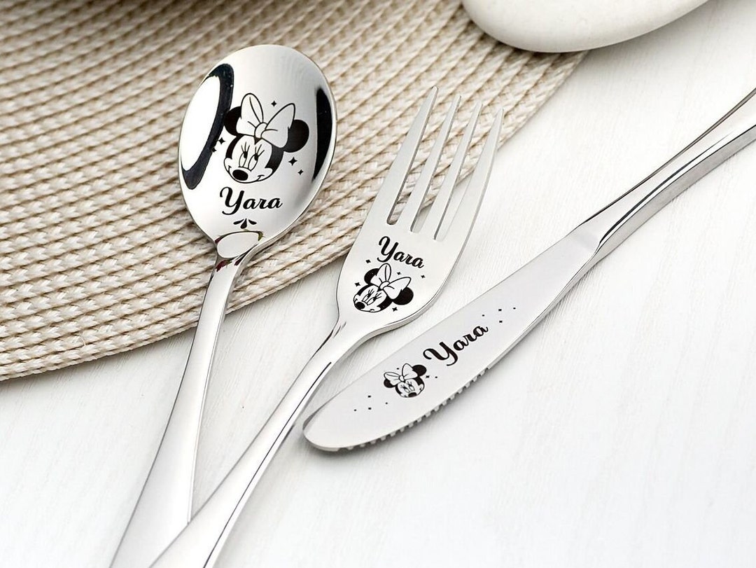 Personalized Mickey Mouse Cutlery Set – Engraved Kids Name, Stainless ...