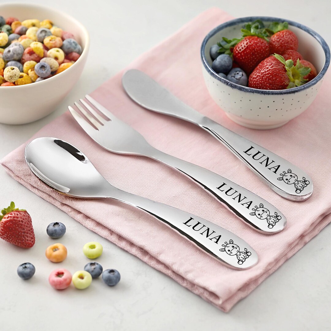 Personalized Kids Cutlery Set – Safari Design With Engraved Name ...