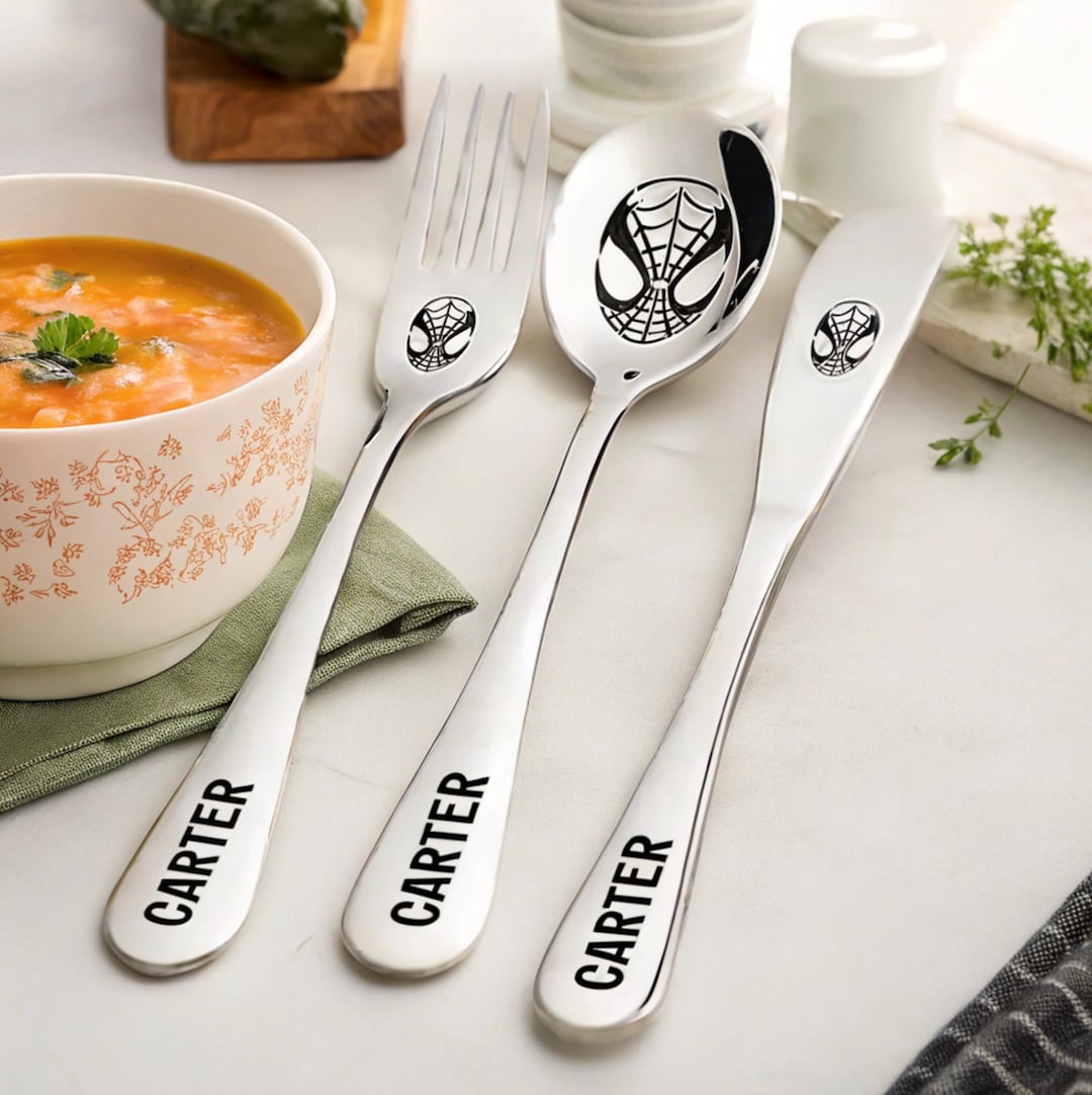Custom Kids' Cutlery Set - Engraved Spiderman Design With Child’s Name ...