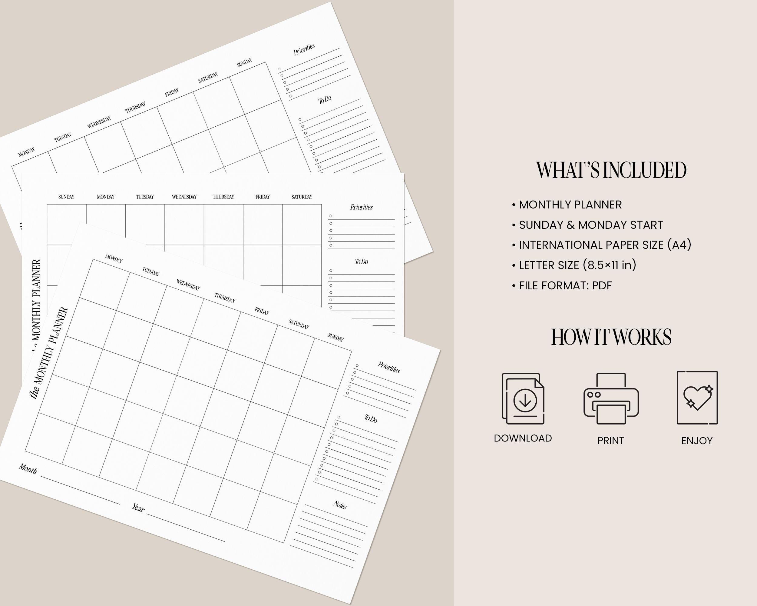 Undated Monthly Planner Template, Minimalist Printable Blank Calendar ...