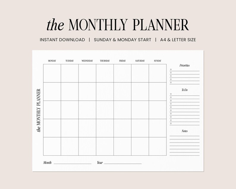 Undated Monthly Planner Template, Minimalist Printable Blank Calendar ...
