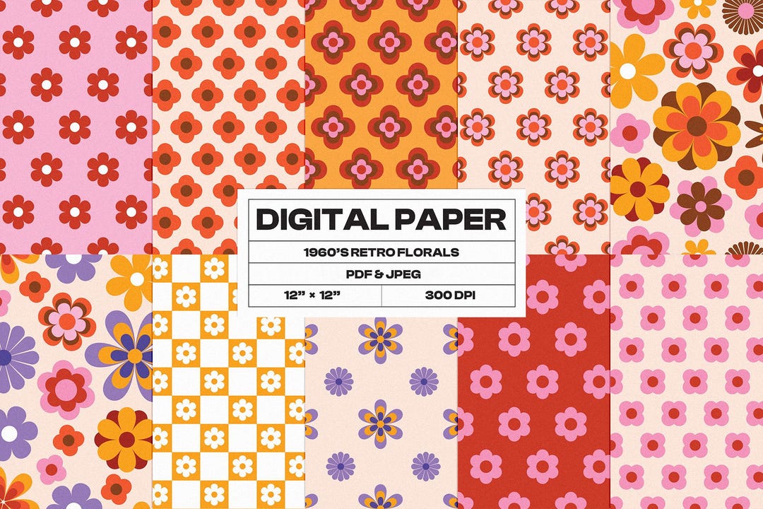 Retro Floral Digital Paper Pack: 60s 70s Scrapbook (PDF & JPEG) - Etsy