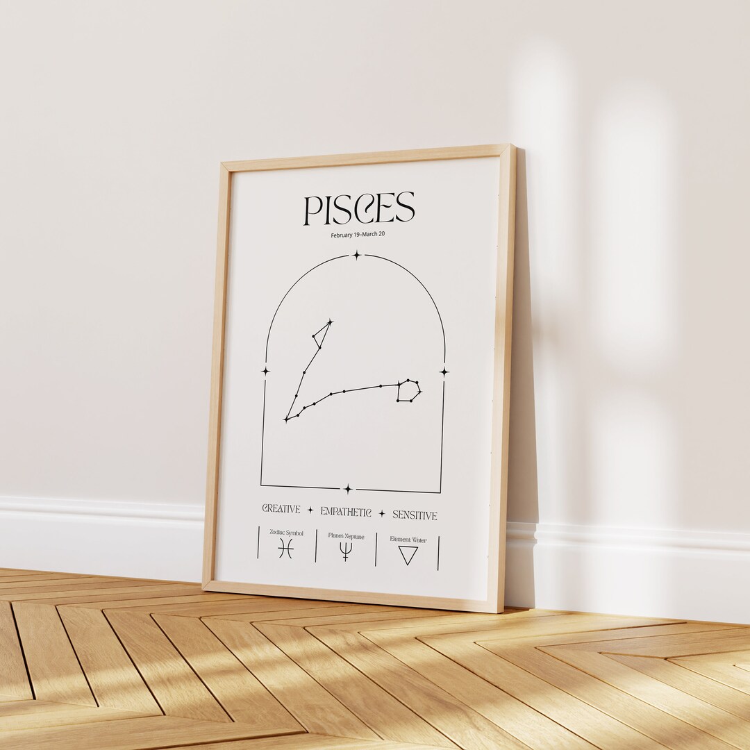 Pisces Print, Zodiac Poster, Black and White Minimalist Wall Art ...