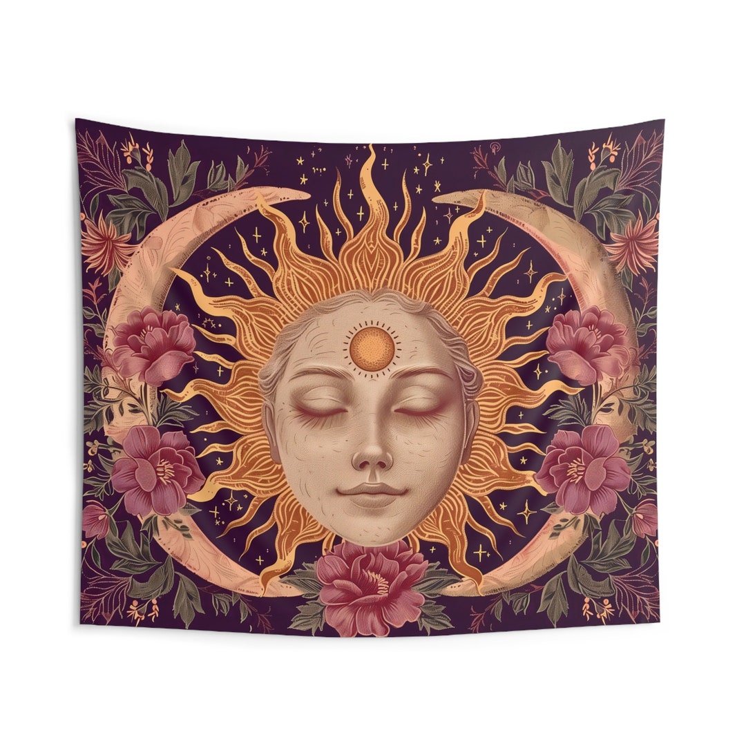 Bohemian Sun, Moon, and Flowers Tapestry Celestial Wall Art With Floral ...