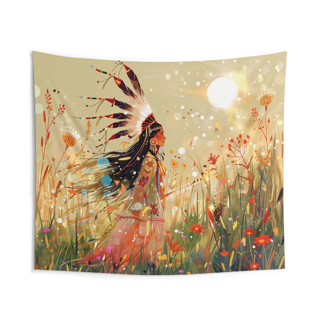Vintage Native American Wall Hanging Tapestry Woman Flower Meadow ...