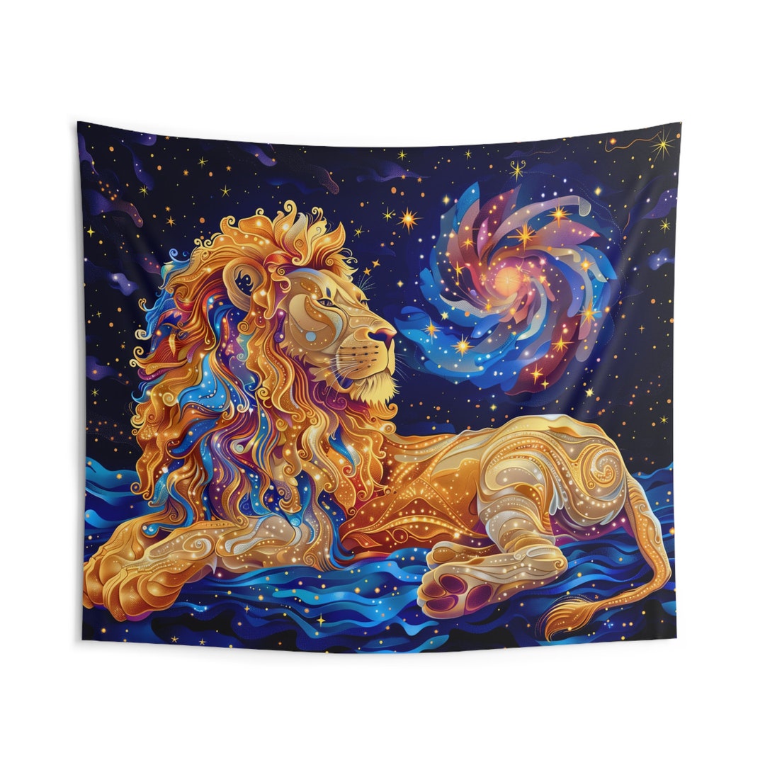 Celestial Lion Meditation Yoga Tapestry Wall Hanging Blue Golden ...