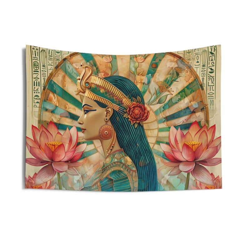 Vintage Cleopatra Egyptian Queen Pink Lotus Flowers Mandala Tapestry ...